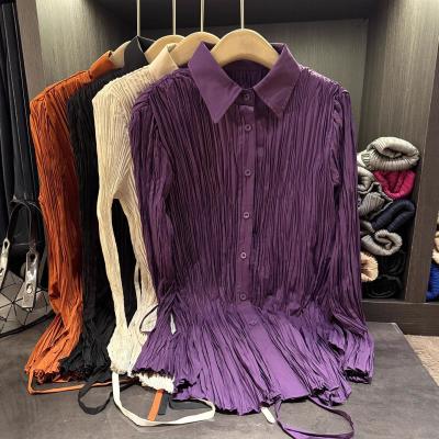 China High-end Elegant Solid Color Woven Office Autumn Anti-Pilling Regular Fit Pleated Turn-down Collar Versatile Long Sleeve Blouse for sale