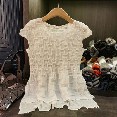 China High-End Summer New Design Solid Square Grid Pleated T-Shirt Handmade Slimming Commuting Versatile Casual Top Knitted for sale