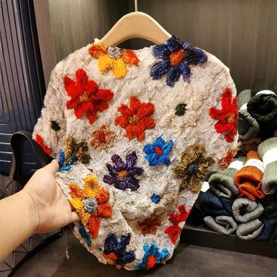 China High-End Women's Summer Top Elegant Embroidered Three-Dimensional Floral Stylish Loose Round-Neck Short-Sleeve Polyester Knit for sale