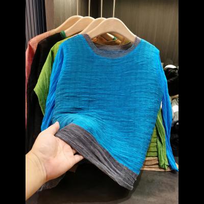China High-End Casual Polyester Pleated Long Sleeve Pullover T-Shirt Simple Versatile Loose Plus Size Top Autumn Spring Color-Block for sale