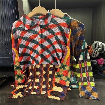 China High-End Niche Design Geometric Color-Block Print Turn-Down Collar Long Sleeve Shirt Elegant Casual Simple Versatile Top for sale