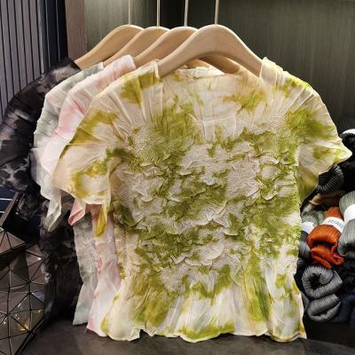 China Women's Handmade Pleated T-Shirt Top Sense Niche Design with  Short-Sleeves Stretch Flower Pattern Hand-Kneading Crafted for sale