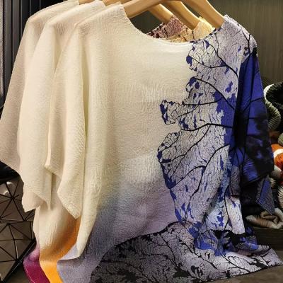 China Women's Summer Retro Ink Gradient Printing Round Neck Top Breathable Thin Knitted All-Match T-Shirt New Loose Casual Style for sale