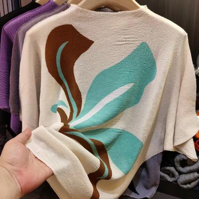 China Women's Elegant Casual Printed Pleated Top All-Season Bat-Sleeve T-Shirt Age-Reducing Loose Flesh Covering Knitted Summer for sale