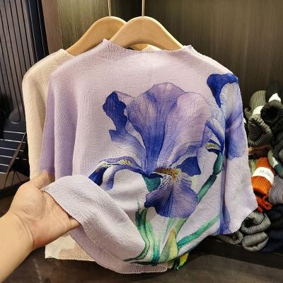 China High-End Summer T-Shirt Loose Breathable Slimming Bat Sleeve with O-Neck Versatile Flower Print Casual Knitted Top for sale