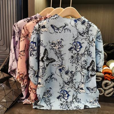 China Women's Summer New Fashion Elegant Loose Casual Batwing Sleeve T-Shirt Small Floral Top Stand Collar Made Polyester Knitted for sale