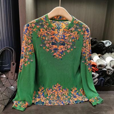 China New Chinese National Style Long-Sleeved T-Shirt Retro Small Floral Pattern Summer Pleated Top Loose Anti-Pilling Knitted for sale