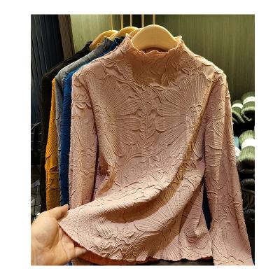 China Japanese Pleated Stand Collar Long Sleeve T-shirt Top Printed Pleated Embodying Pleated Process Makes Flower Fashionable for sale