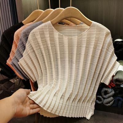 China Women's Summer New Pleated Casual Style Youthful Short Sleeve Top Solid Color Loose Plain Dyed Knitted Anti-Pilling Vertical Pit for sale