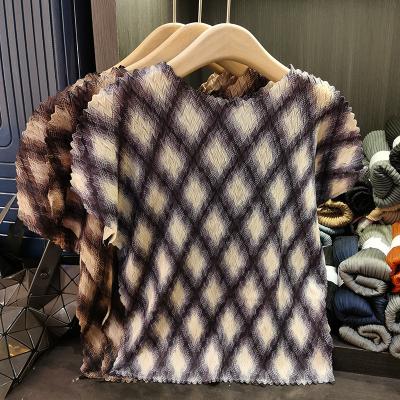 China Women's Summer Casual Top Thin Diamond Mesh Printed Short-Sleeved T-Shirt Polyester Slimming Neck Versatile Plaid Pattern for sale