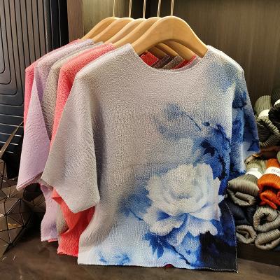 China High-End Women's Tie-Dye Print Pleated Short-Sleeve T-Shirt Elegant Retro Design Casual Knitted Versatile for Commuting Summer for sale