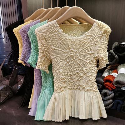 China Summer Youthful Slimming Versatile Elegant T-Shirt Sunflower Design Unique Heavy Embossed Pleated Neck Casual Solid Casual for sale