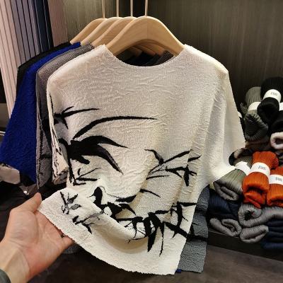 China Retro pleated summer new Chinese ink bamboo print T-shirt fashionable plus size women's casual top for sale