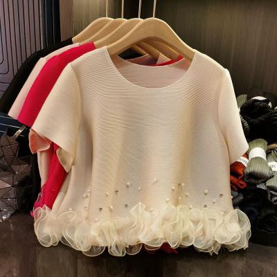 China Miyake's Feminine Summer Top Beaded Ruffled Pleated T-Shirt Neck Sweet Slim Knitted Fabric Anti-Pilling Short-Sleeved Versatile for sale