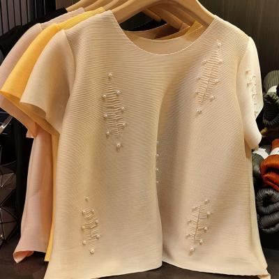 China Women's Summer New Fashion Casual Elegant Pleated Bead Solid Color Age-Reducing Top All- Match Short-Sleeved Loose Fit Knitted for sale