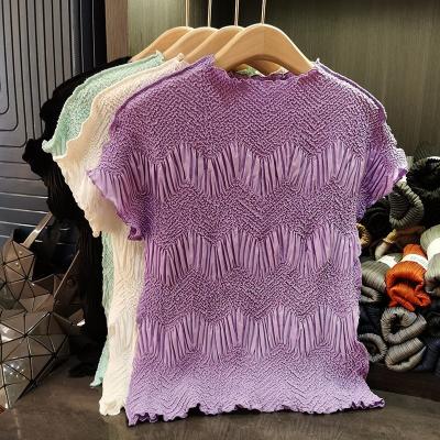 China Women's Summer Round Neck T-Shirt Simple Fashionable Retro Pleated Top Comfortable Loose Fit Vintage Casual Style Solid Color for sale