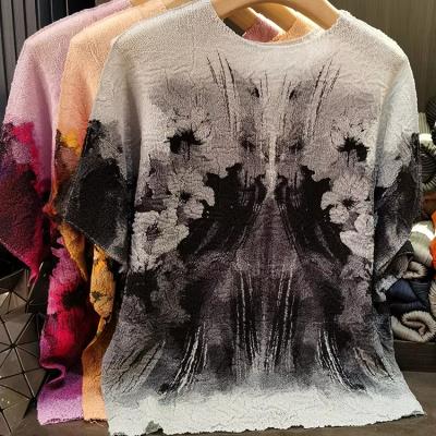 China Niche Design Sense Heavy Industry Summer Women's New Neck Bat Sleeve T-shirt Ink Printed Jersey Short Casual Bat Wing Sleeves for sale