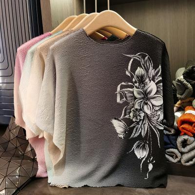 China Niche Design Women's Retro Ink Gradient Print Summer T-Shirt Elegant Loose Top Neck Versatile Casual Style Plain Dyed Technique for sale