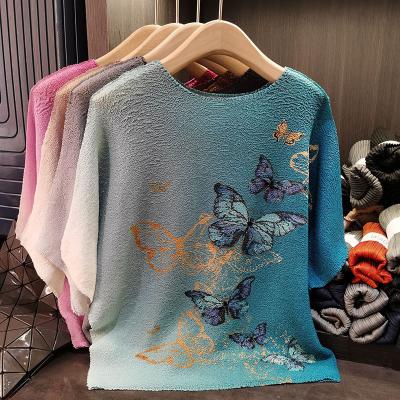 China High-End Women's Summer T-Shirt Butterfly Gradient Print New Round Neck Versatile Loose Top Casual Solid Pattern Knitted Fabric for sale