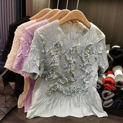 China Heavy Industry Handmade Loose-Fitting Summer T-Shirt Piled Flowers Ruffled Crewneck Casual Style Solid Polyester Simple Front for sale