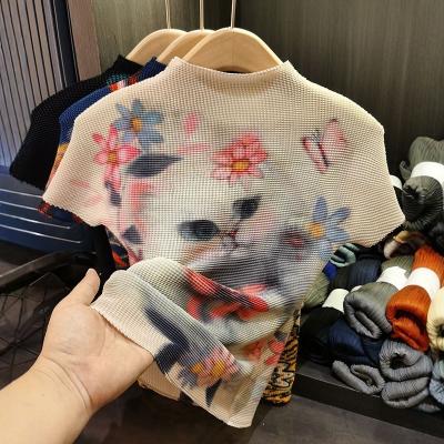 China Women's Summer Slim Fit T-Shirt Casual Corn Kernel Cat Print Trendy Short Sleeve Top with Versatile Stand Collar Knitted Fabric for sale