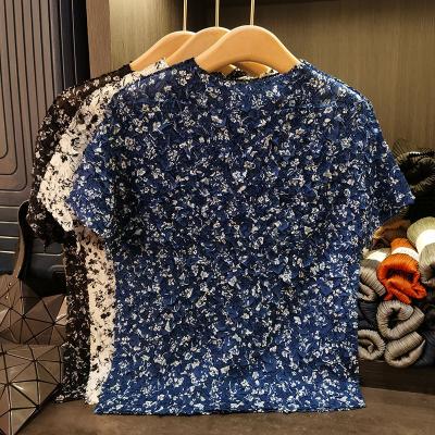 China Women's Summer Elegant Casual T-Shirt Pleated Floral Print Small Round Neck Loose Fit Versatile Stylish Made of for sale
