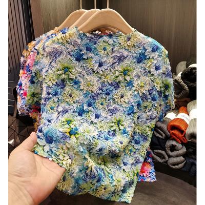 China Printing Women's Summer Short Sleeve T-Shirt Chic Small Flower Print Breathable Velvet Fabric Chic Beautiful Loose Fit Long Length for sale