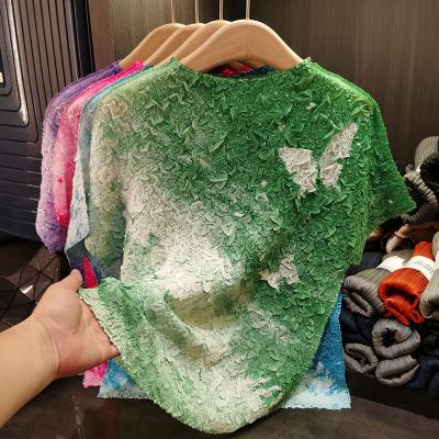 China Niche Versatile Summer Casual Top Lightweight Chiffon Velvet Pleated Gradient Tie-Dye Print Anti-Pilling Geometric Short Loose for sale