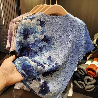 China Women's Summer Loose Printing Design Printed Pleated Top Short Sleeve T-Shirt Versatile Casual Made Breathable Thin Chiffon Velvet for sale
