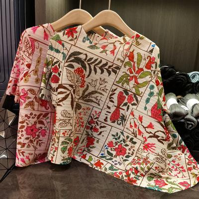 China Printing Women's Spring Summer Top New Design Irregular Pleated T-Shirt Chinese Style Printed Versatile Slimming Breathable for sale
