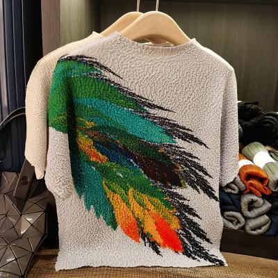 China Women's Summer Slimming Reversible Pleated Top T-Shirt Lightweight Elegant Casual Short Sleeve Feather Print Loose Anti-Pilling for sale