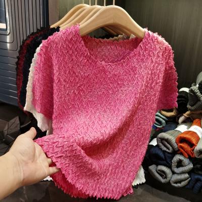 China Summer T-Shirt Solid Color Loose Neck Breathable Casual Short Sleeved Top Wave Pleated Style New Stylish Temperament for sale