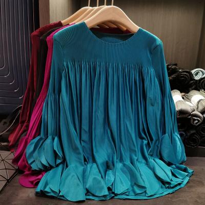 China Long Sleeved Petal Versatile T-shirt for Women's Spring and Summer New Style Solid Color Round Neck Loose Ruffle Edge Top for sale