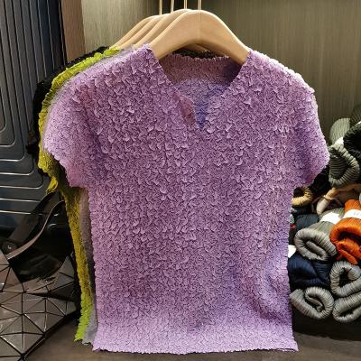 China Texture Hand Kneaded Pleated V-neck Top for Women's Summer New Versatile Solid Color Short Sleeved Top for sale