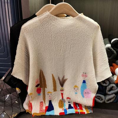 China Elegant Eco-Friendly Summer Casual Collection New Large Size Printed Pleated T-Shirt Short-Sleeved Top in Knitted Style for sale