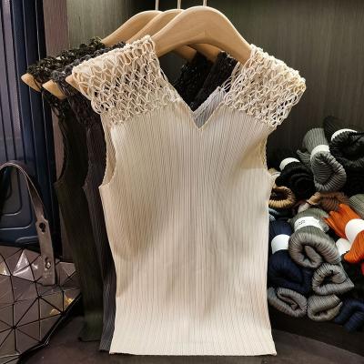 China Women's Summer V-Neck Hollow Top Versatile Pleated Sleeveless Vest T-Shirt Solid Color New Style Knitted Fabric Digital for sale