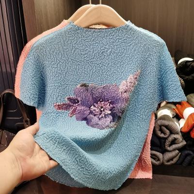 China High-End Design Elegant Ruched Sweet Top Loose Half Turtleneck Short Sleeve T-shirt Solid Color Knitted for Spring Summer for sale