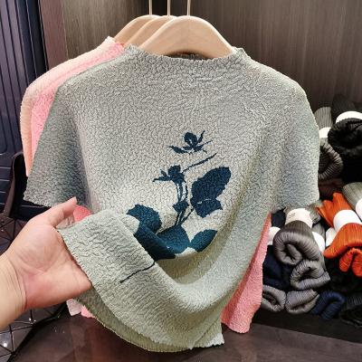 China Women's Elegant Loose Half-High Collar Printed Short Sleeve T-Shirt High-End Knitted Fabric Casual Summer New Arrival for sale