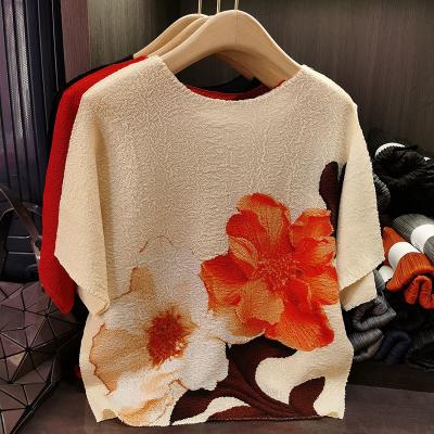 China New Chinese Style Spring Elegant Neck T-Shirt Fashionable Short Sleeve Top Pleated Print Casual Loose Fit for Summer for sale