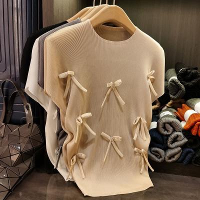 China High-End Women's Summer Solid Color Short-Sleeve T-Shirt Loose Casual Jersey Sweet Bowknot Top Button Decoration Youthful Style for sale