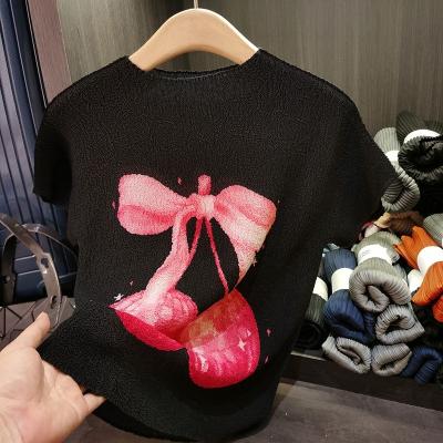 China T-Shirt Cherry Print Slim Casual Round Neck Loose Versatile Ruched Top for Summer for sale