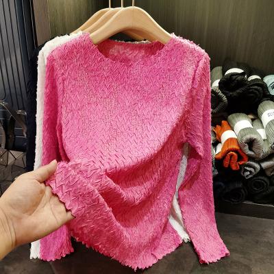 China Women's Long Sleeve T-Shirt Paper Wrinkle Texture Rhinestone Heavy Craft Casual Solid French Fashion for Spring New Top for sale