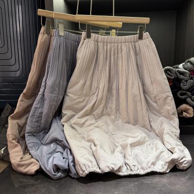 China Autumn New Satin Natural Waist Pleated Solid Color Thickened A-line Midi Skirt Women Elegant Slimming Versatile for sale