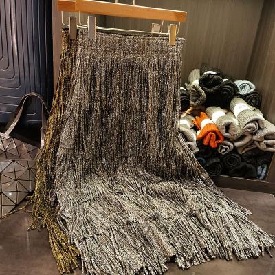 China Women's Breathable Chiffon Midi Skirt Summer A-Line Tassels Shiny Gold Stamped Pleated Casual Digital Print Natural for sale