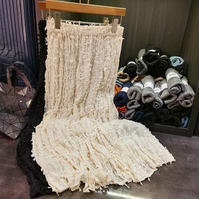 China High-End Midi Skirt Frayed Hem Elegant Solid Color Versatile Elastic Waist Slimming Mid-Length Fit Casual French Summer for sale