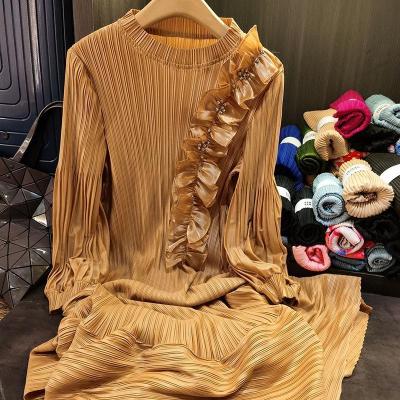 China New High-End Stylish Pleated Dress with Slimming Effect Mid-Length skirt Natural Waistline Solid Color Plus Size for Spring for sale