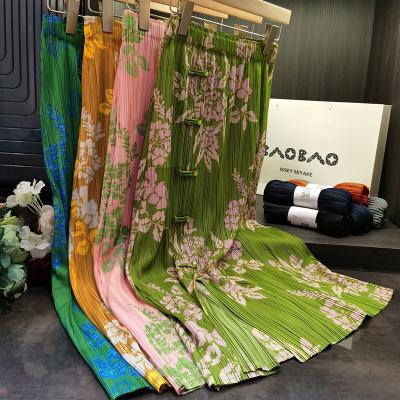 China Original Design Pleated Chinese Style Disc Half Skirt 2024 Printed Pleated Skirt Wrap Slit Summer Skirt for sale