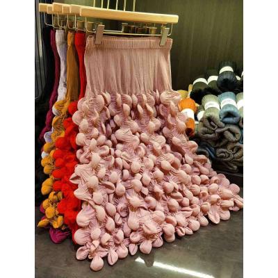 China Women's Long 2025 Spring Fashion Skirt Solid Color Bubble Pleated with Embroidery and Ruffles Breathable Natural Waistline for sale