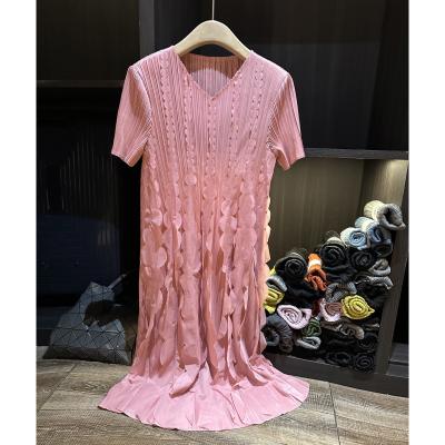 China Women's New Summer High-End Mid-Length Dress Pleated V-Neck Casual Age-Reducing Slimming Three-Dimensional Petals Heavy-Duty for sale