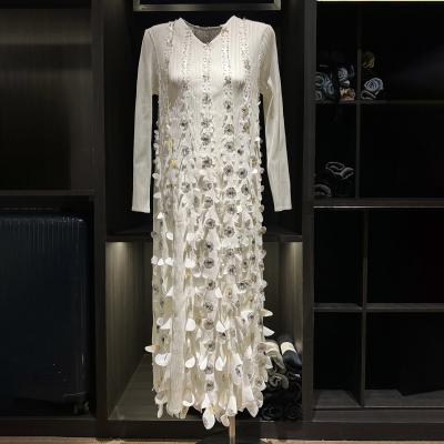 China High-End Luxury Short-Sleeved Summer Dress New Gold Stamping Sequin V-Neck Gown Pleated Texture Casual Midi-Length Woven Chiffon for sale